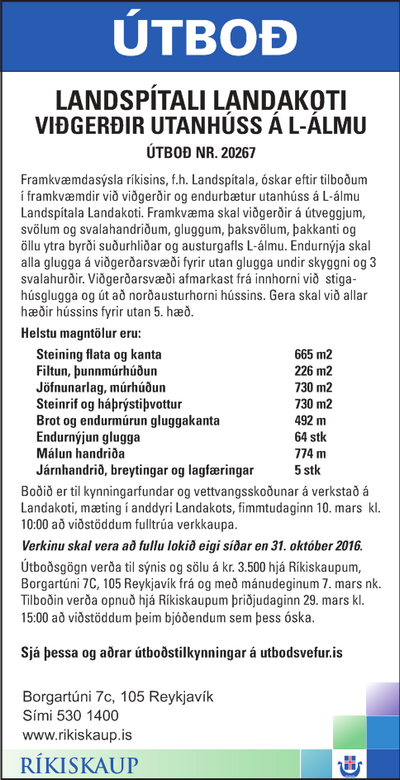 29.03.2016 Landspítali Landakoti, Viðgerðir utanhúss á L-álmu ...